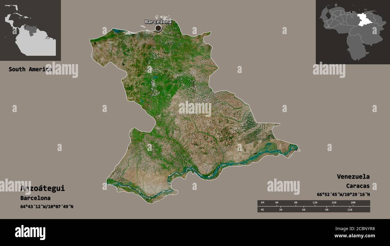 Shape of Anzoátegui, state of Venezuela, and its capital. Distance ...