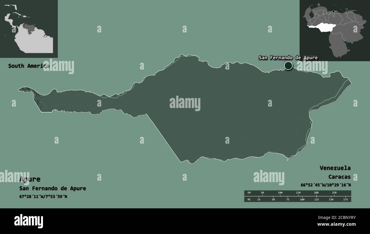 Shape of Apure, state of Venezuela, and its capital. Distance scale ...