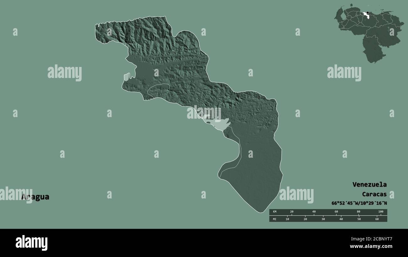 Shape of Aragua, state of Venezuela, with its capital isolated on solid ...