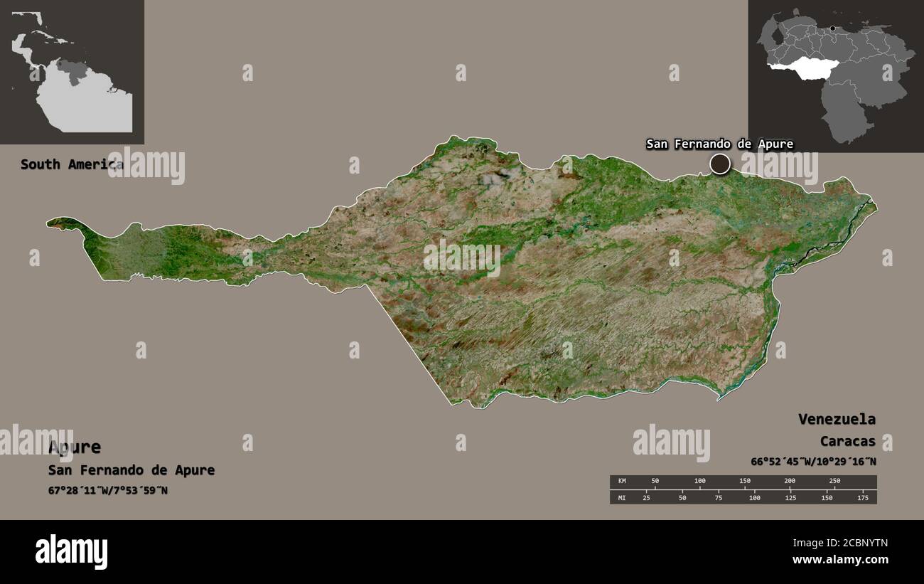 Shape of Apure, state of Venezuela, and its capital. Distance scale ...