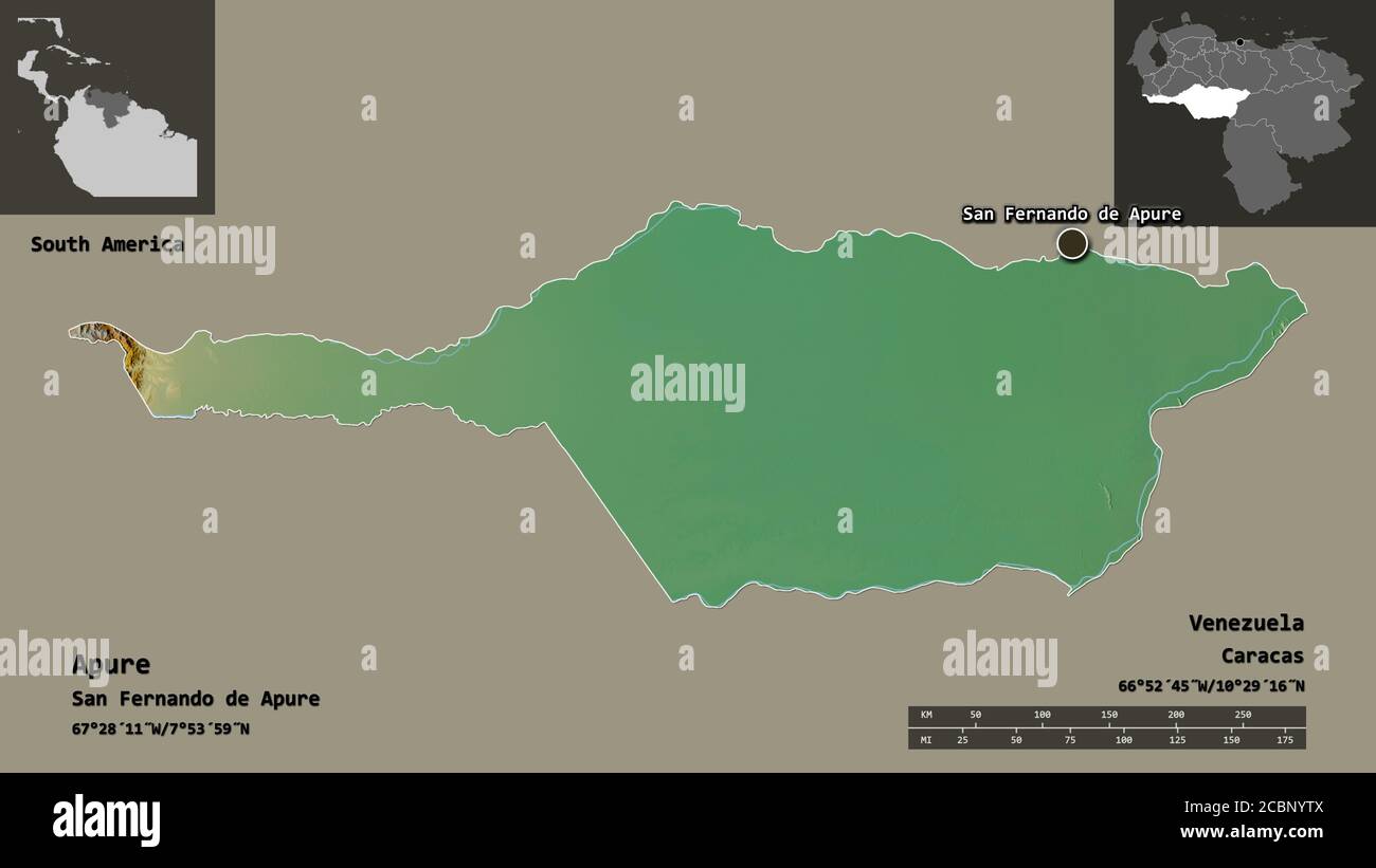 Shape of Apure, state of Venezuela, and its capital. Distance scale ...