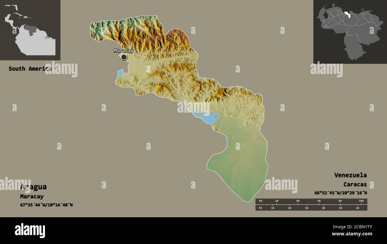 Shape of Aragua, state of Venezuela, and its capital. Distance scale ...