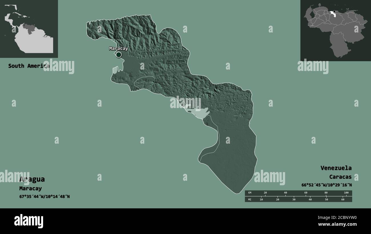 Shape of Aragua, state of Venezuela, and its capital. Distance scale ...