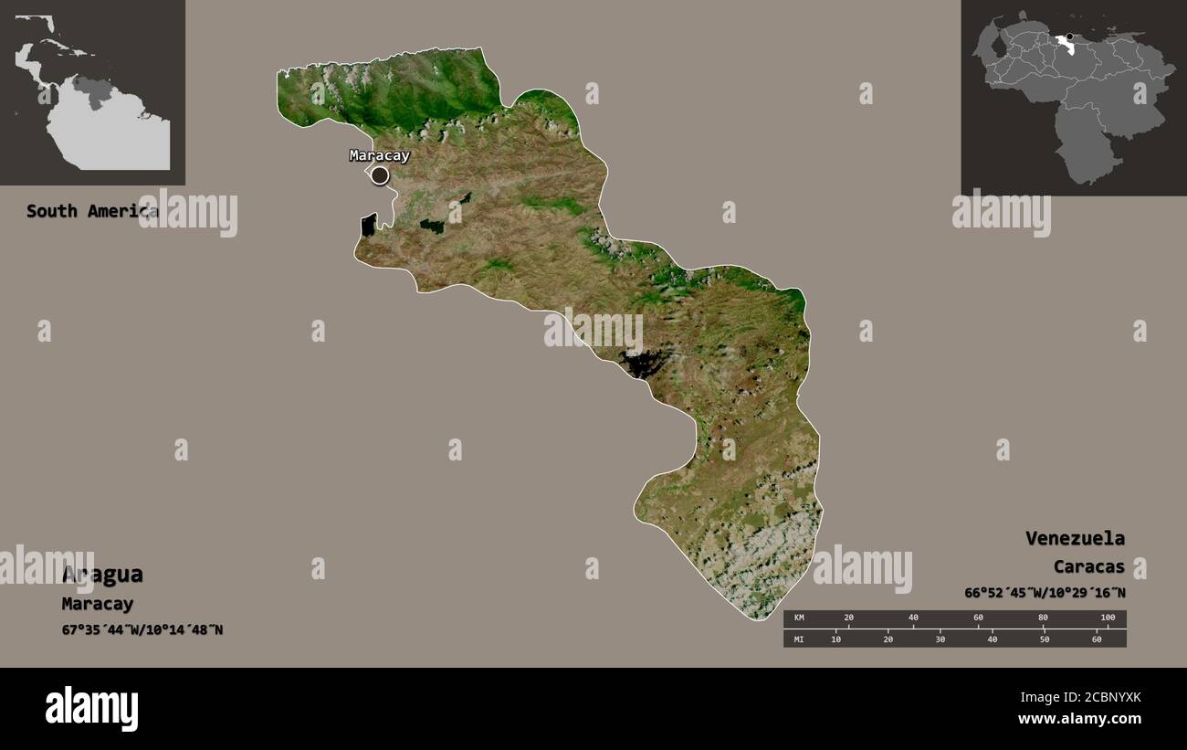 Shape of Aragua, state of Venezuela, and its capital. Distance scale ...