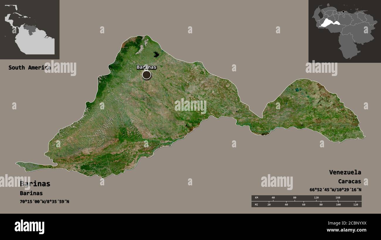 Shape of Barinas, state of Venezuela, and its capital. Distance scale ...