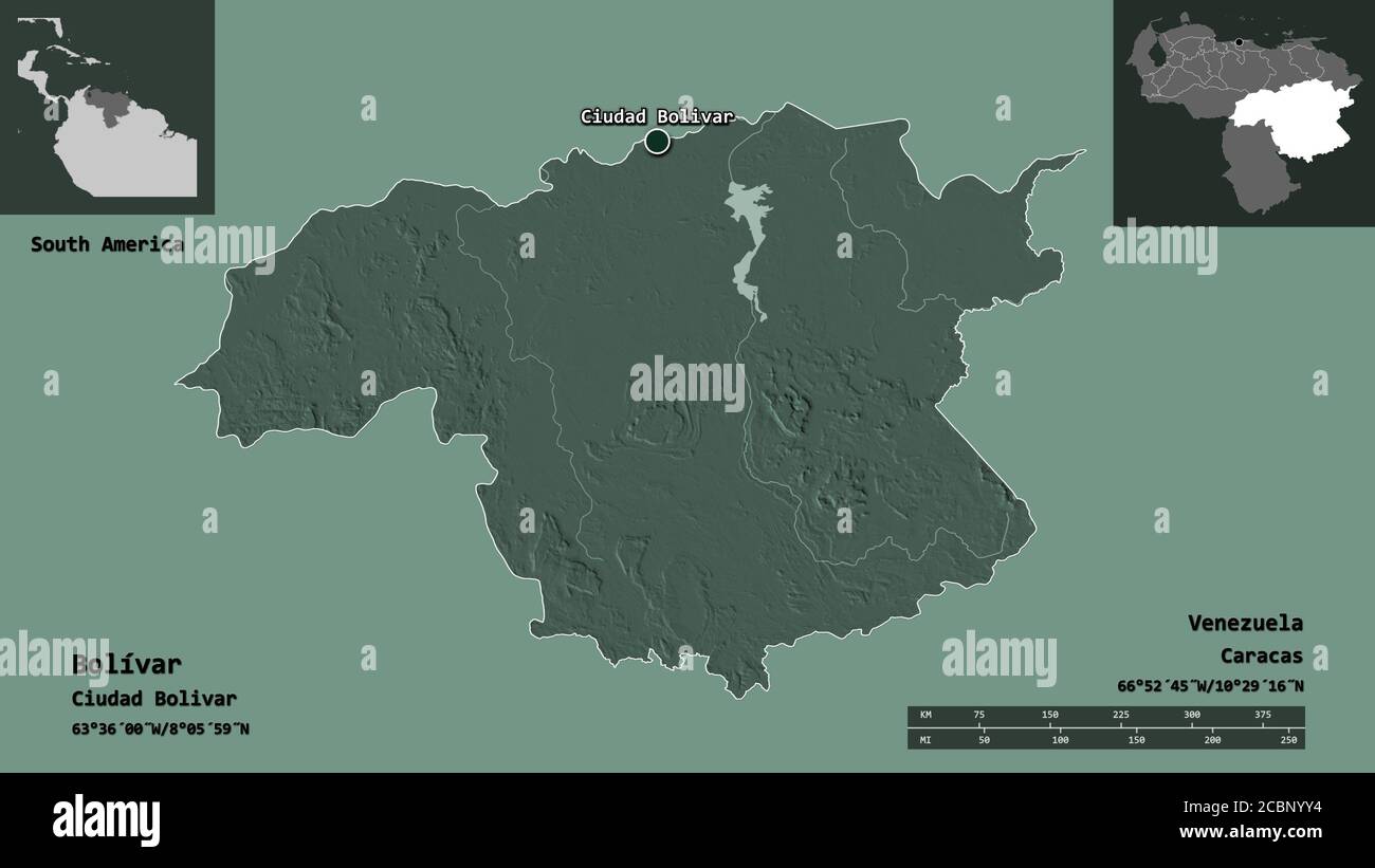 Shape of Bolívar, state of Venezuela, and its capital. Distance scale ...