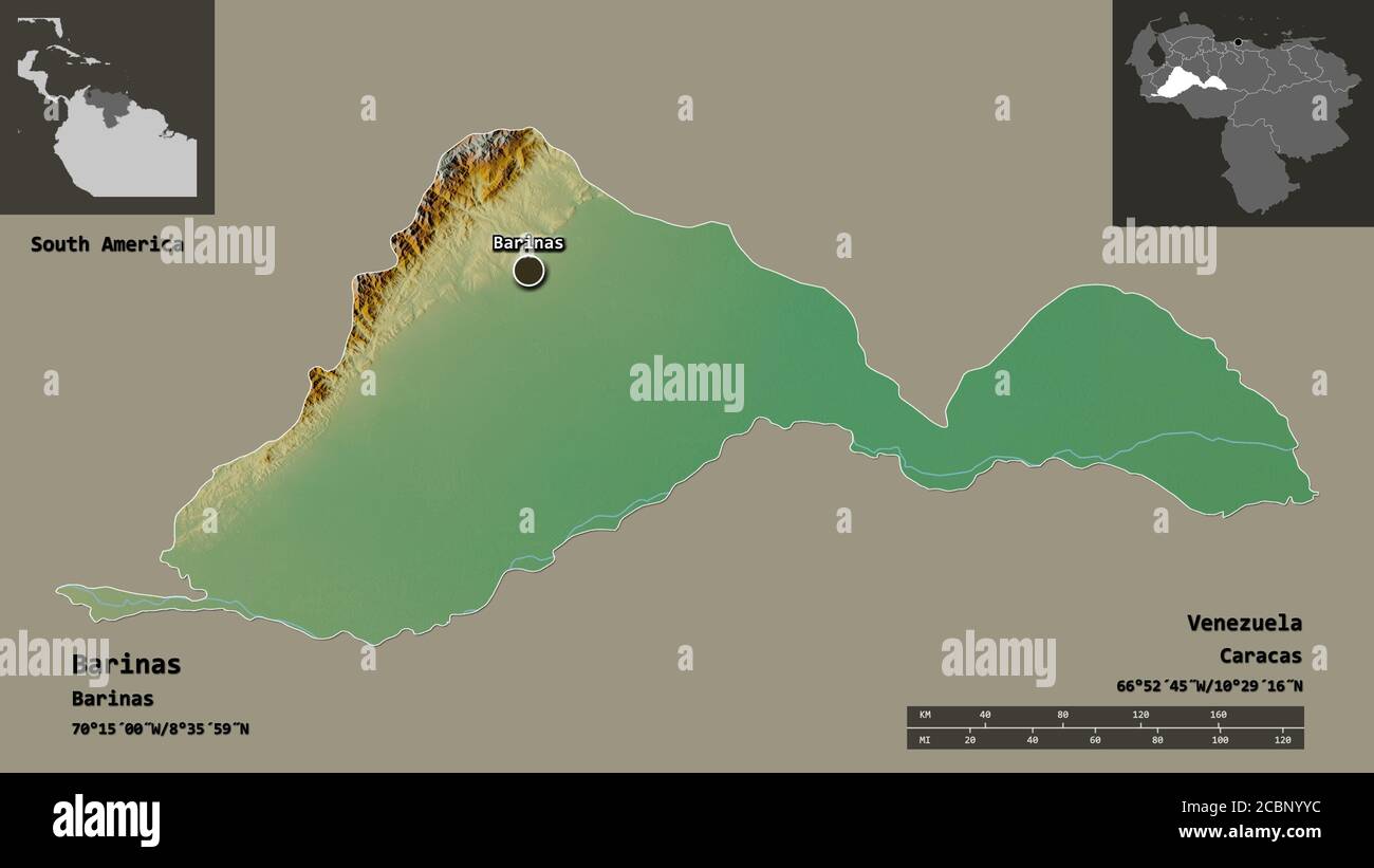 Shape of Barinas, state of Venezuela, and its capital. Distance scale ...