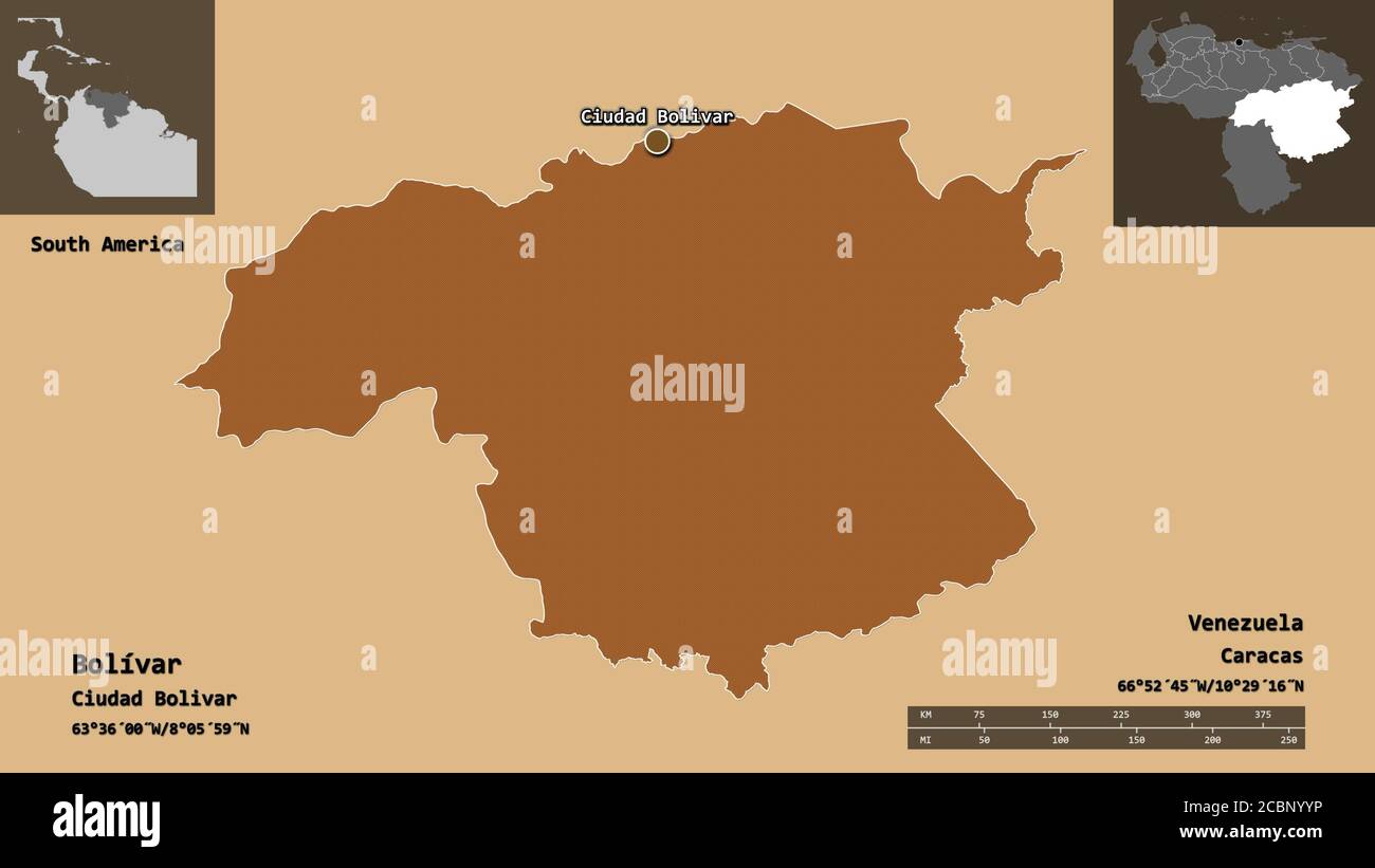 Shape of Bolívar, state of Venezuela, and its capital. Distance scale ...