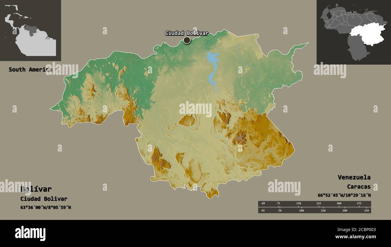 Shape of Bolívar, state of Venezuela, and its capital. Distance scale ...