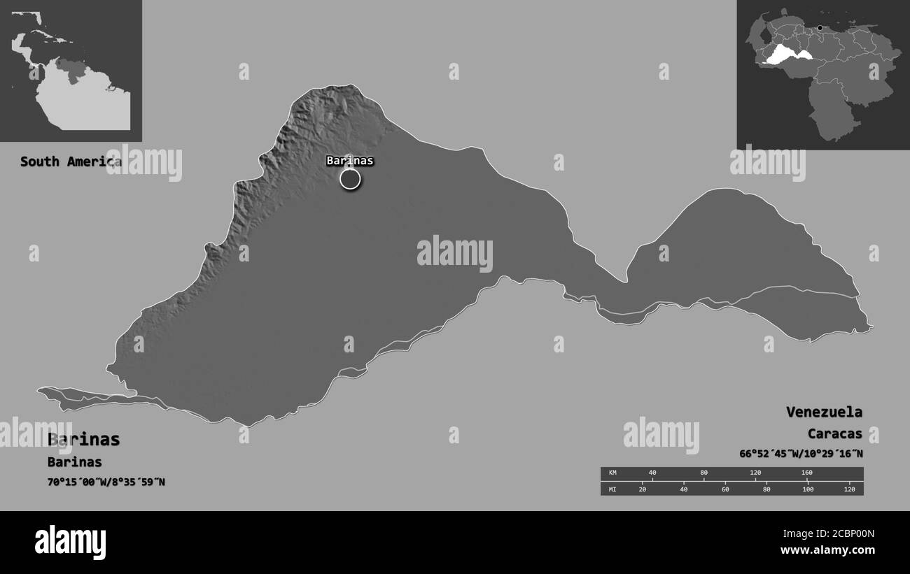 Shape of Barinas, state of Venezuela, and its capital. Distance scale ...