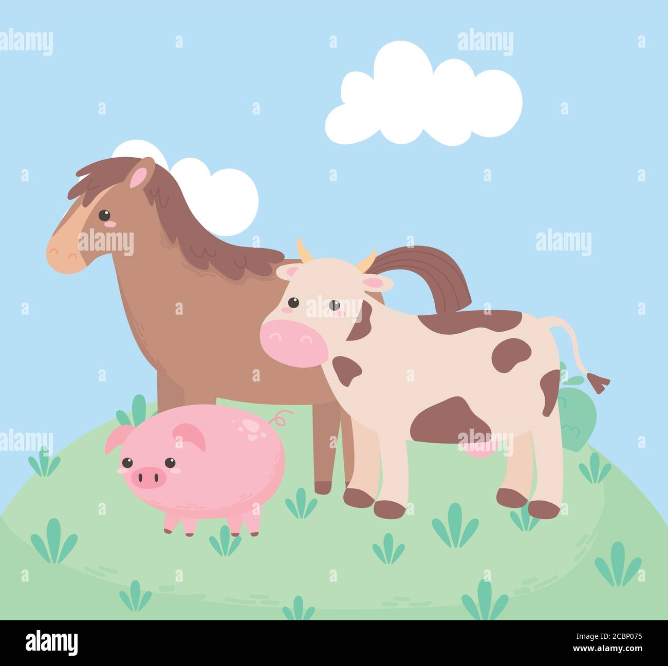 cute horse cow and pig in the grass cartoon animals natural landscape ...