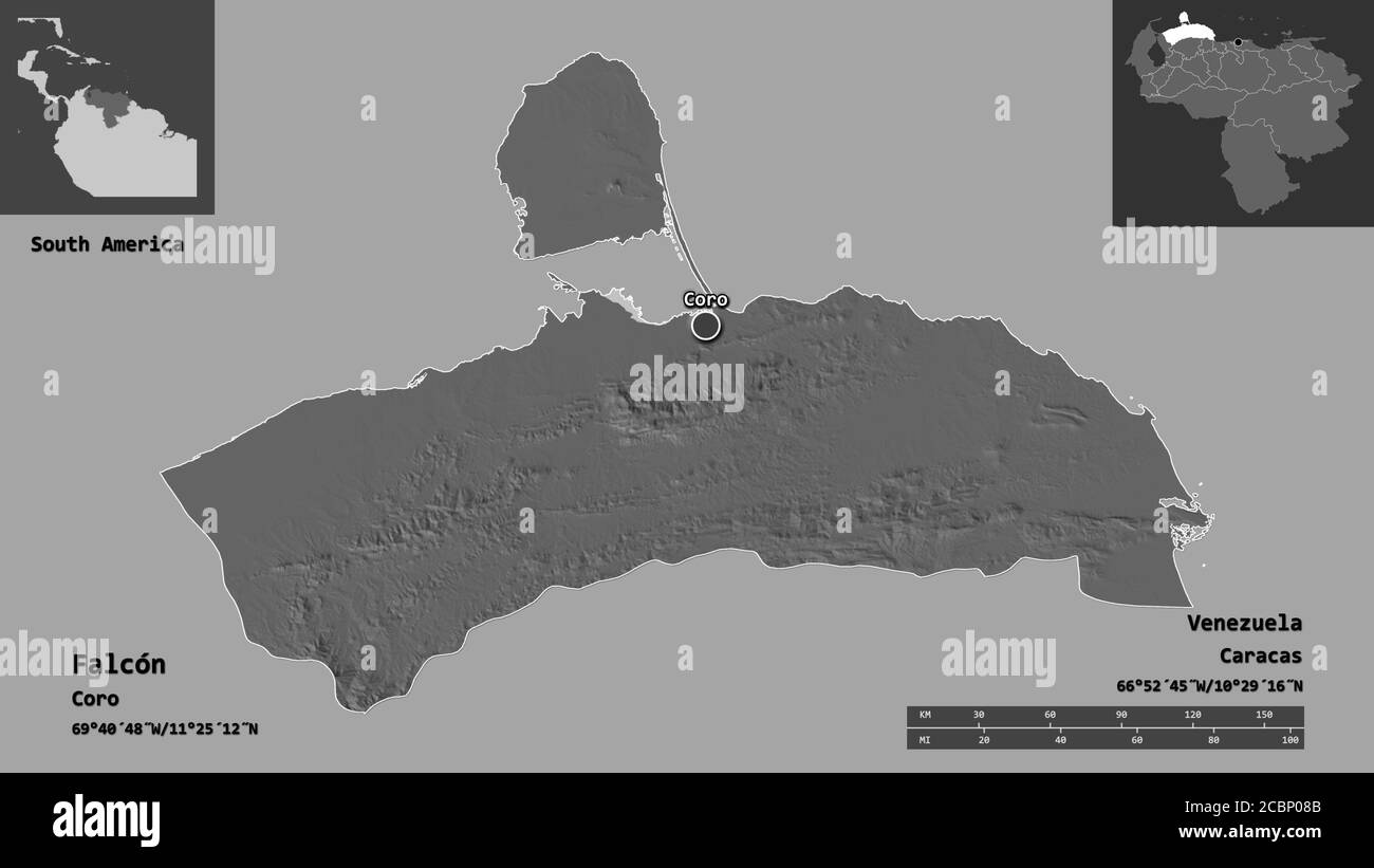 Shape of Falcón, state of Venezuela, and its capital. Distance scale ...