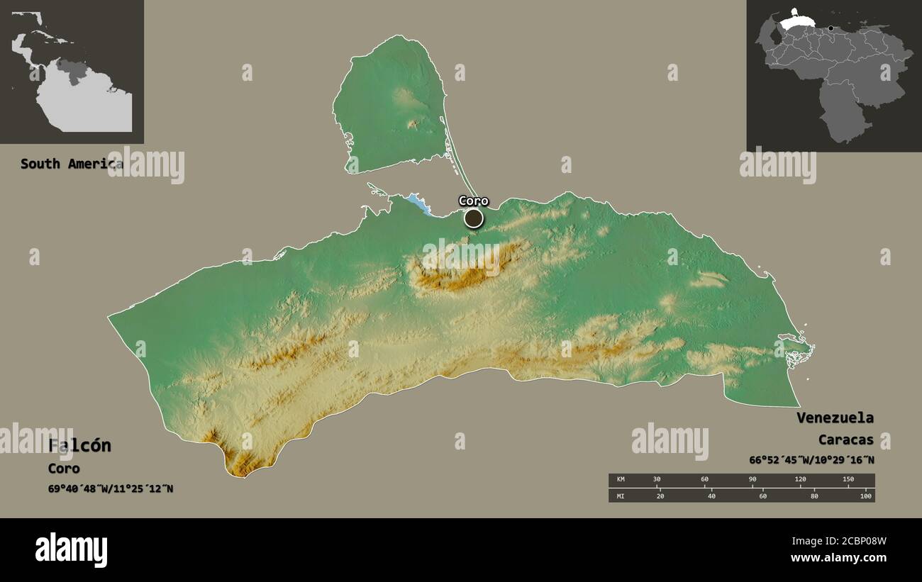 Shape of Falcón, state of Venezuela, and its capital. Distance scale ...