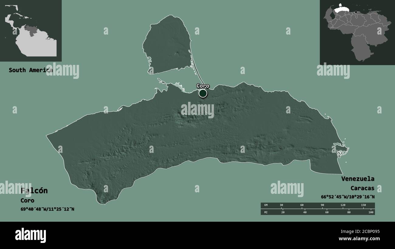 Shape of Falcón, state of Venezuela, and its capital. Distance scale ...