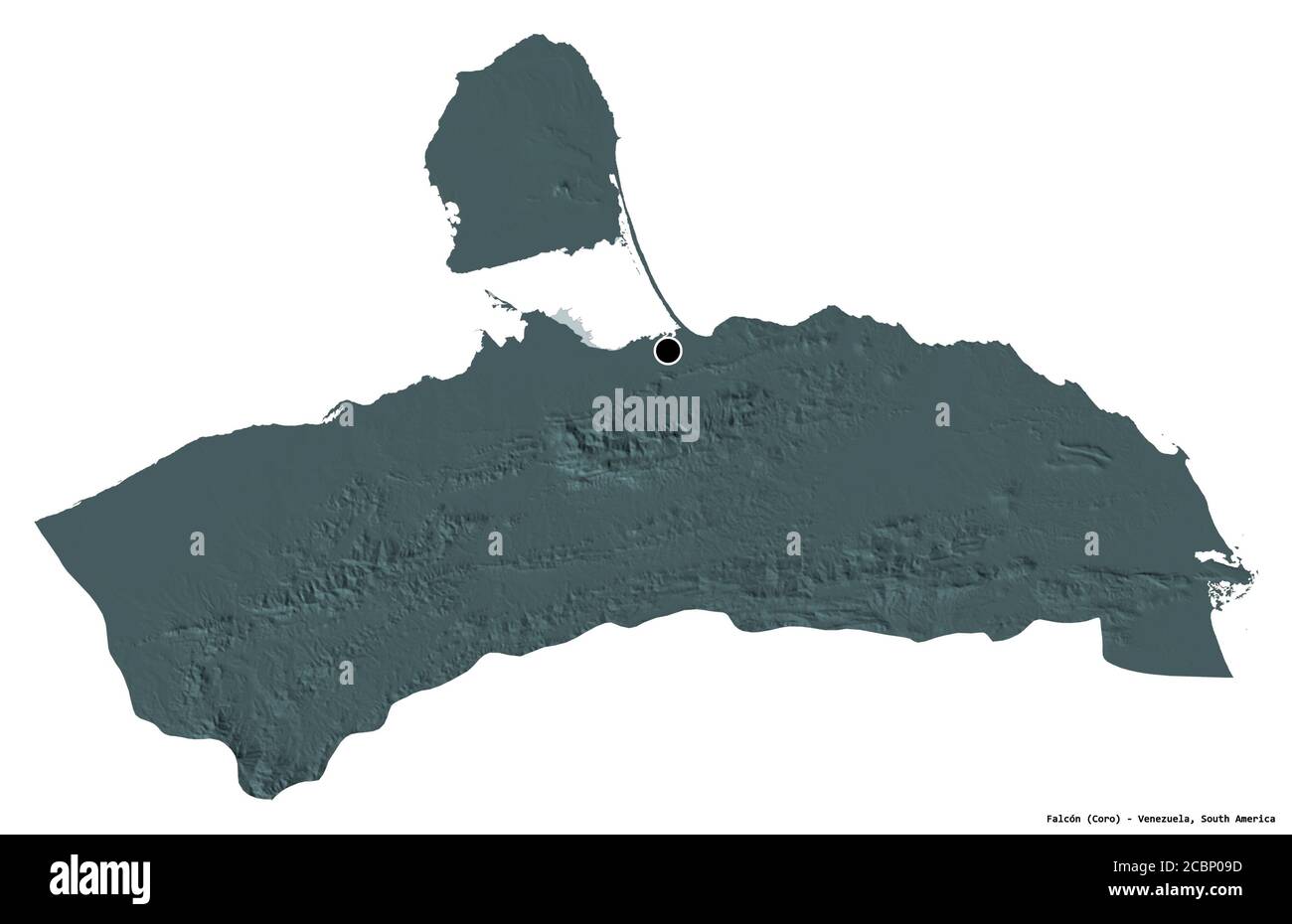 Shape of Falcón, state of Venezuela, with its capital isolated on white ...