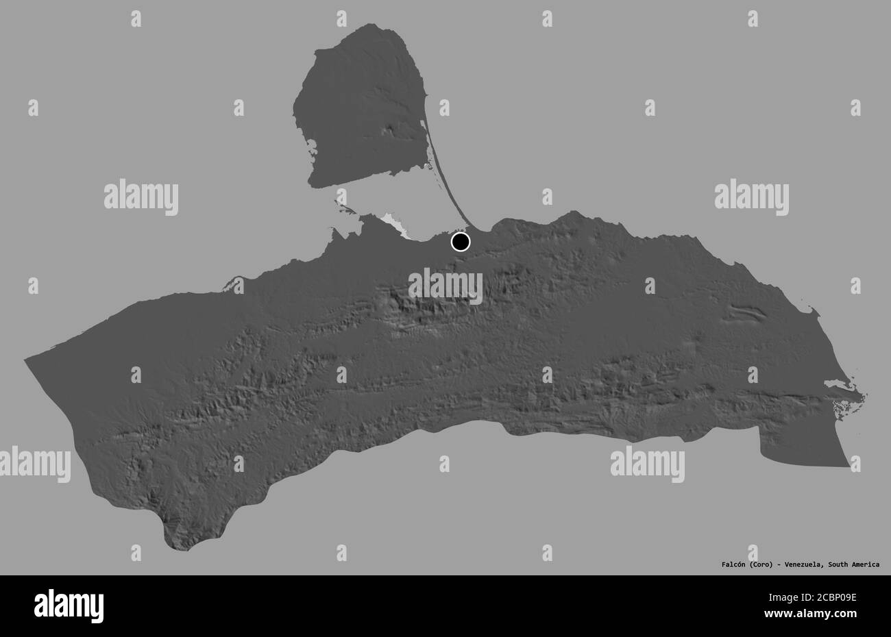 Shape of Falcón, state of Venezuela, with its capital isolated on a ...