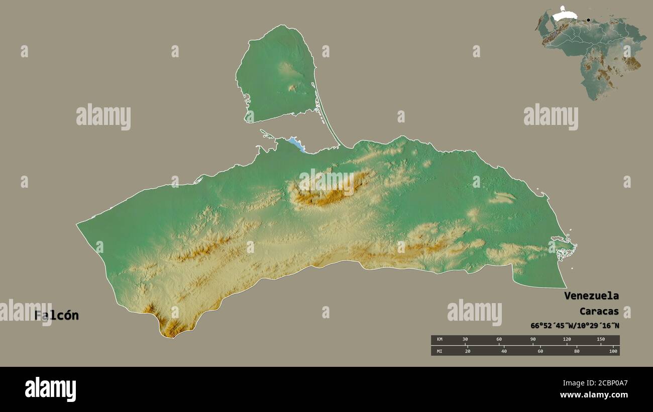 Shape of Falcón, state of Venezuela, with its capital isolated on solid ...