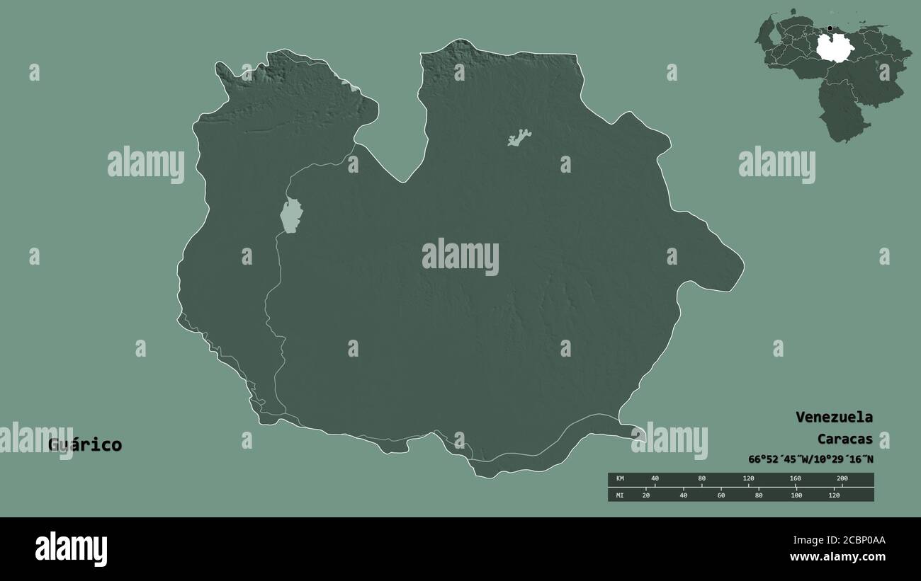 Shape of Guárico, state of Venezuela, with its capital isolated on ...