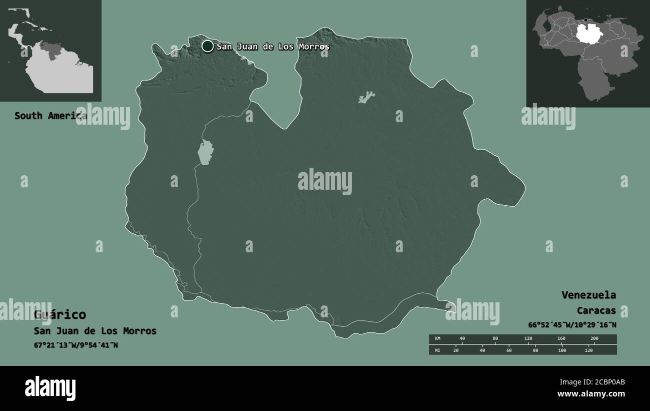Shape of Guárico, state of Venezuela, and its capital. Distance scale ...