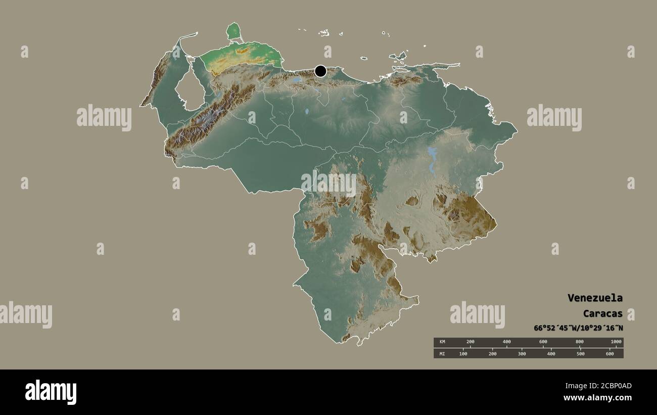 Desaturated shape of Venezuela with its capital, main regional division ...