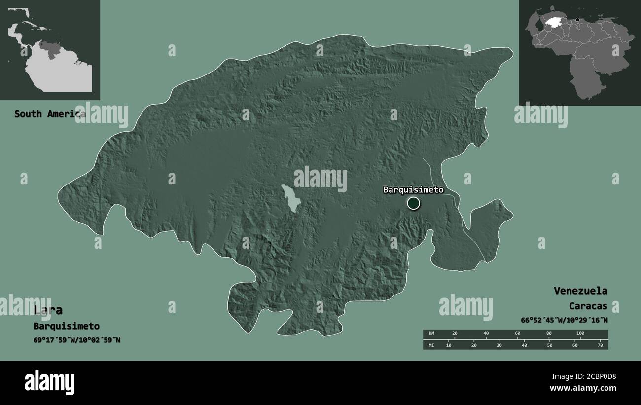 Shape of Lara, state of Venezuela, and its capital. Distance scale ...