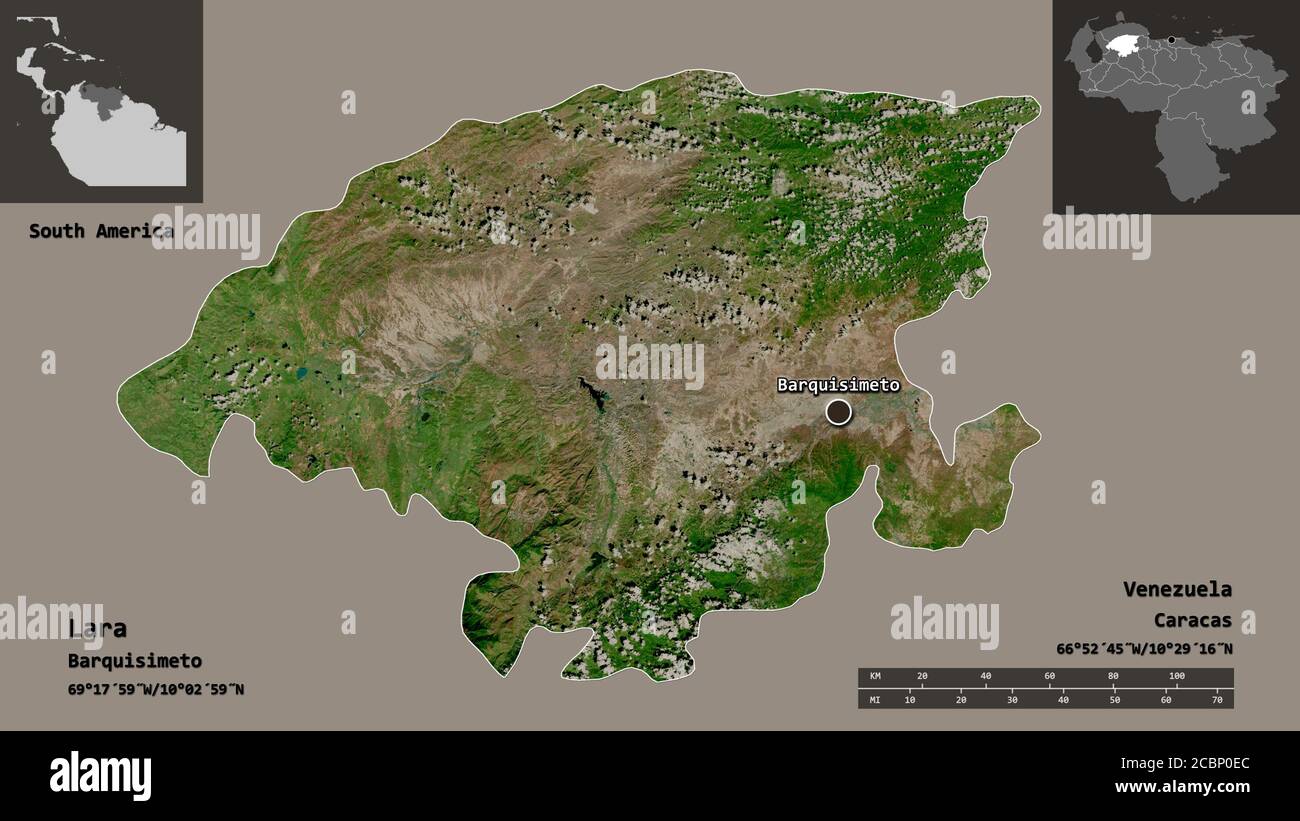 Shape of Lara, state of Venezuela, and its capital. Distance scale ...