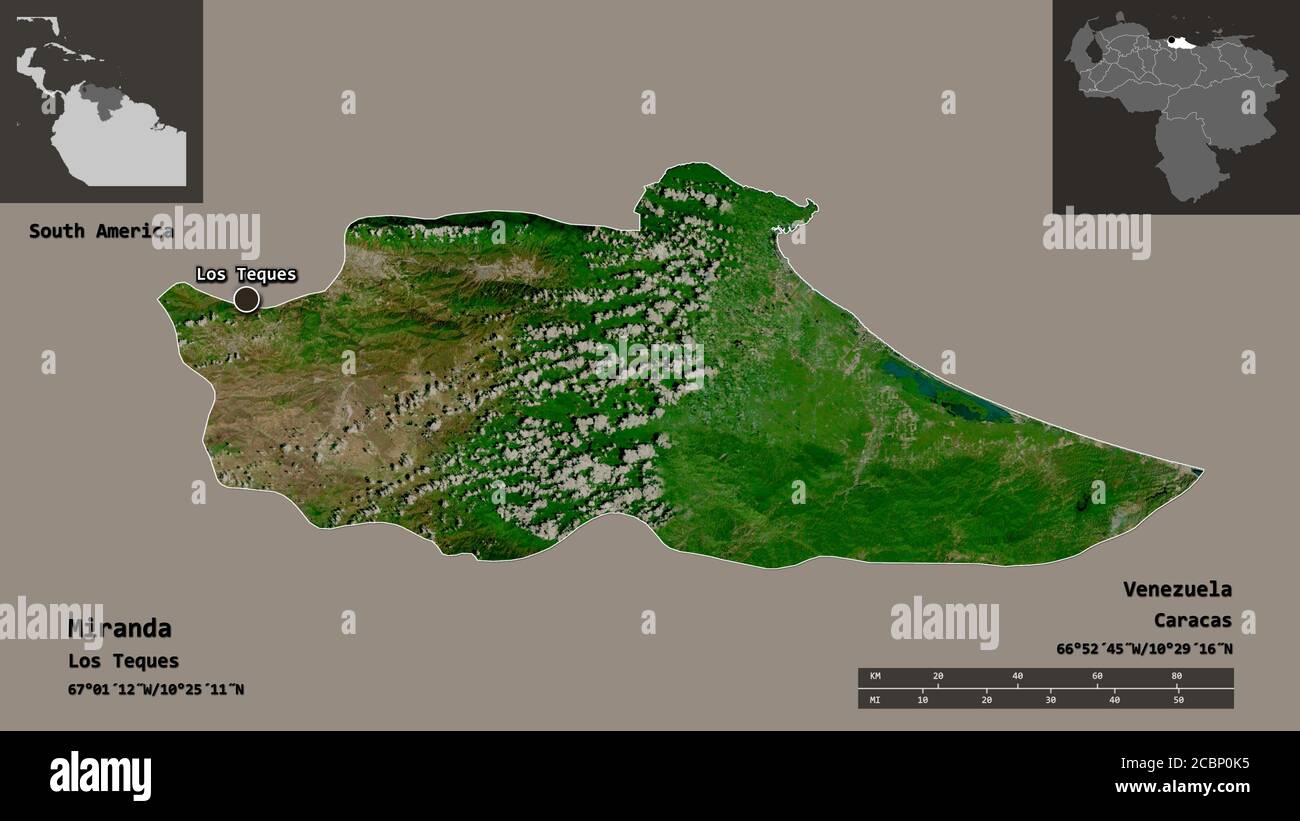 Shape of Miranda, state of Venezuela, and its capital. Distance scale ...