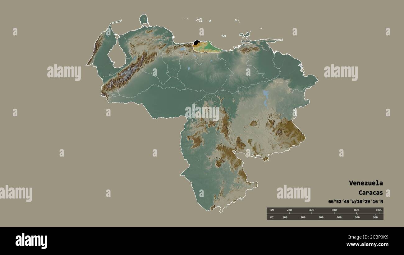 Desaturated shape of Venezuela with its capital, main regional division ...