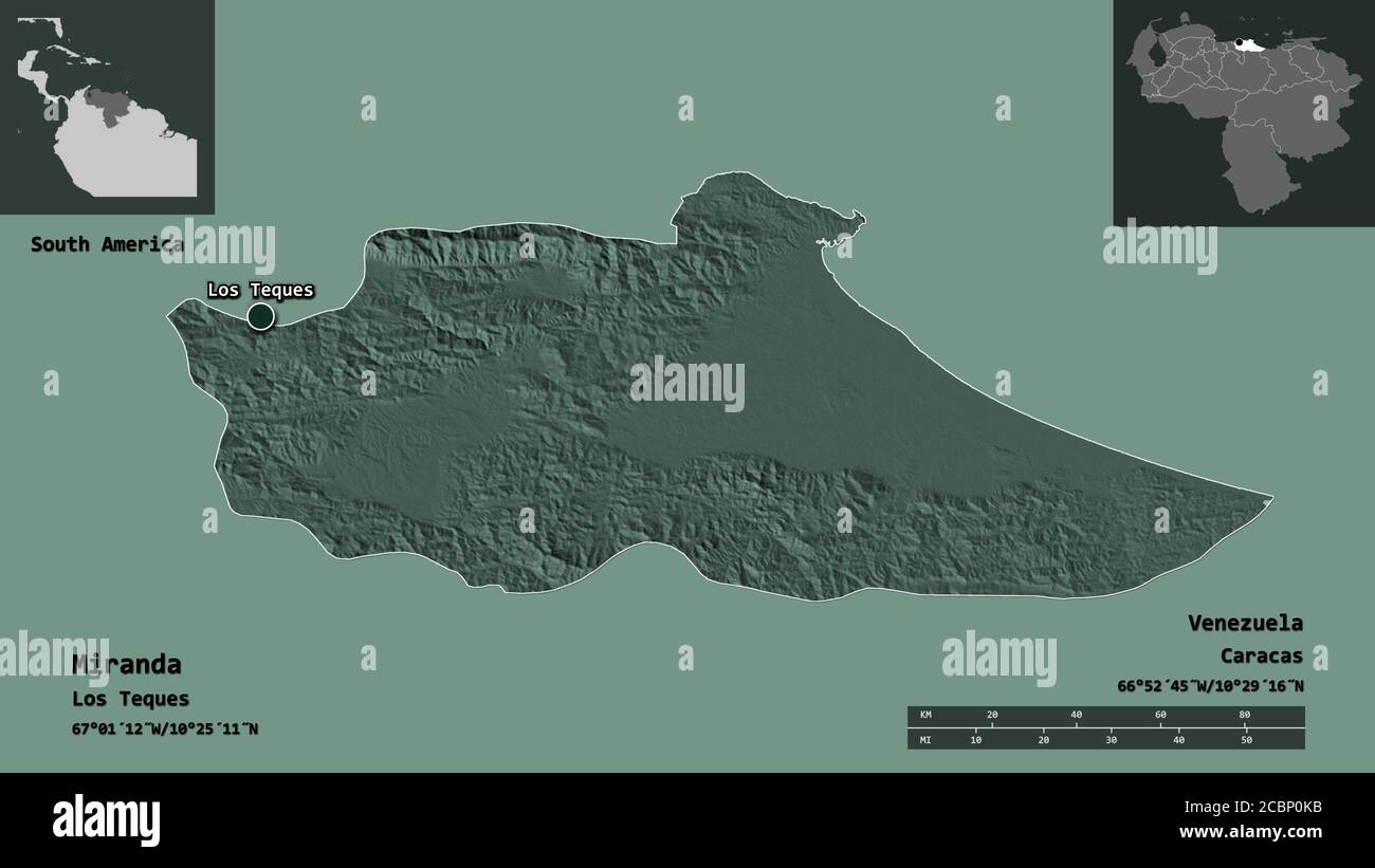 Shape of Miranda, state of Venezuela, and its capital. Distance scale ...