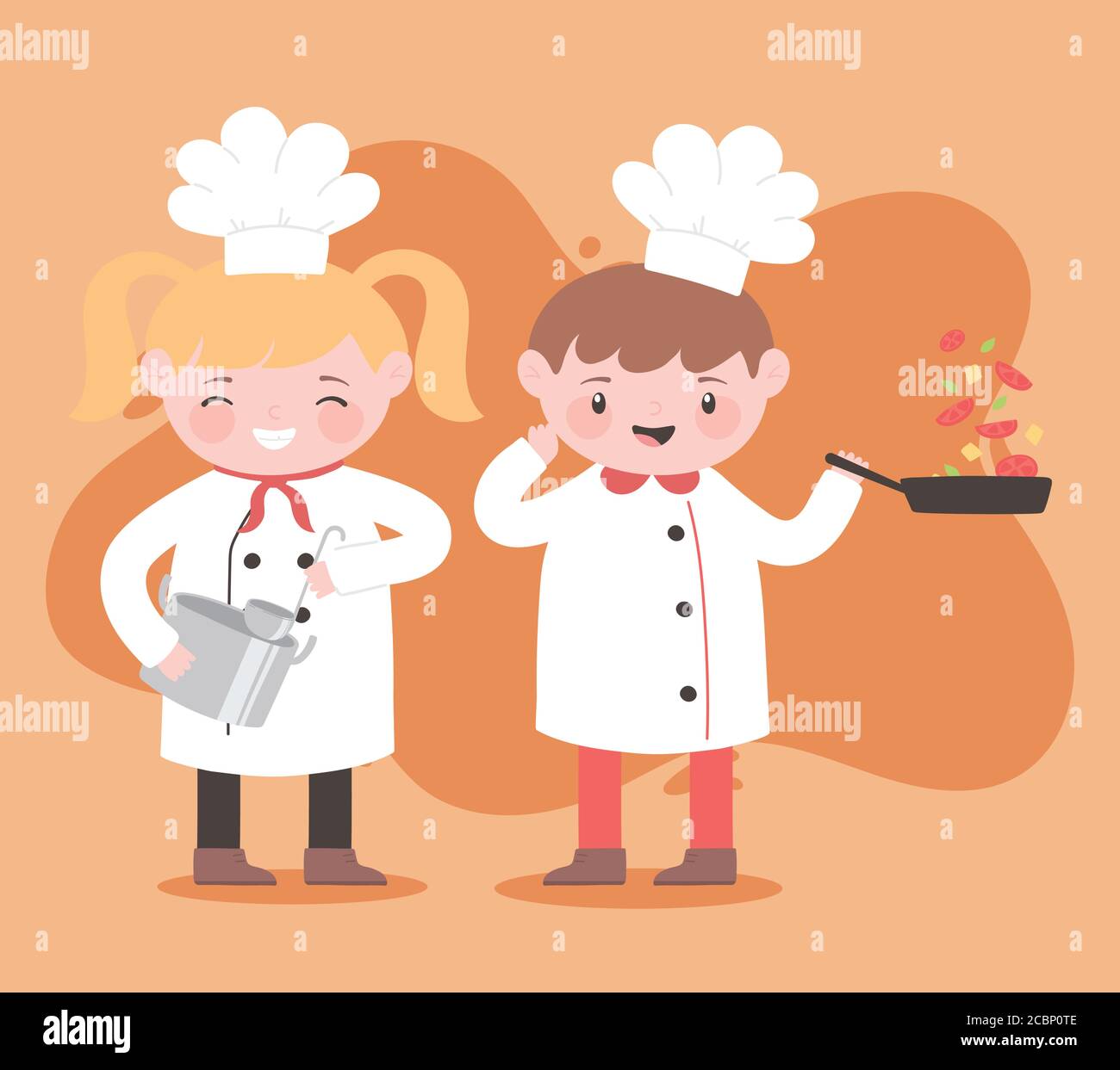 chefs girl and boy with ladle saucepan and vegetables cartoon character ...