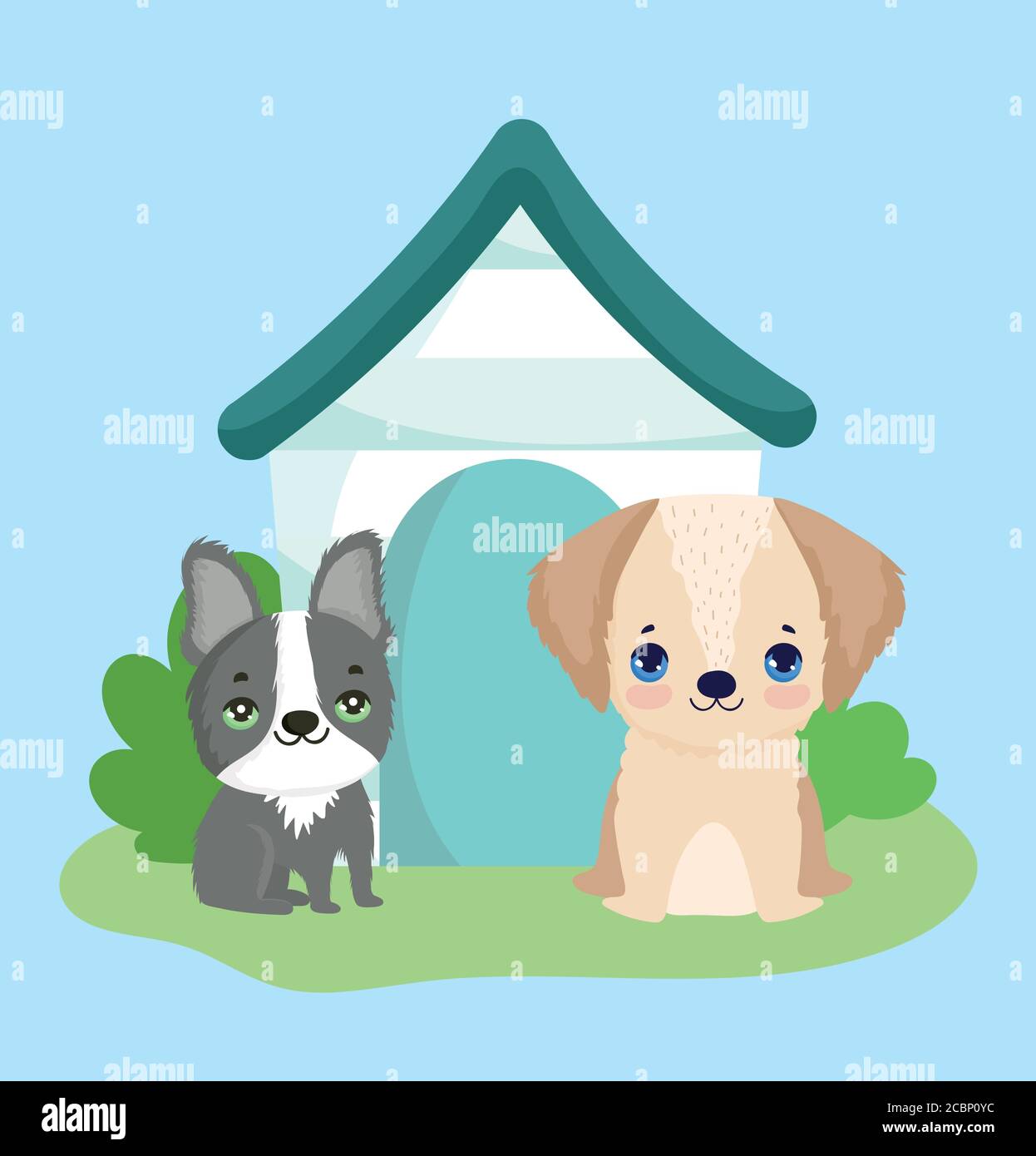 pet shop, little cute puppies with wooden house animal domestic cartoon ...