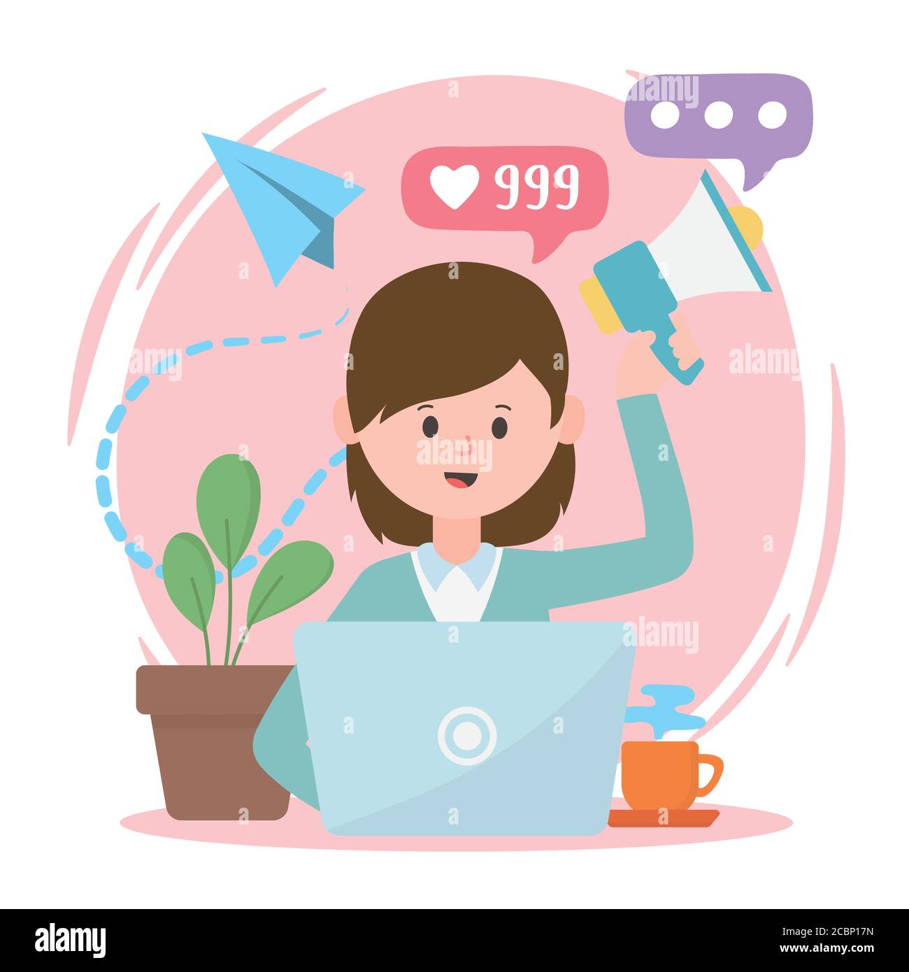 woman with laptop marketing internet promotion social network ...