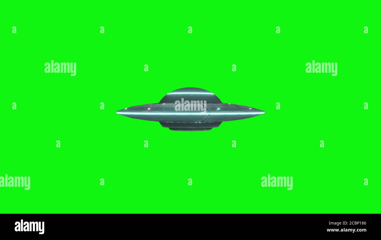 Alien flying saucer isolated on green screen background. 3d rendering ...