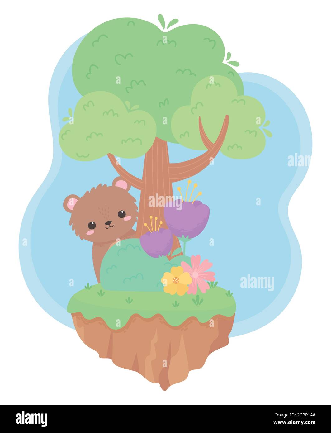 cute little bear flowers tree bush grass cartoon animals in a natural ...