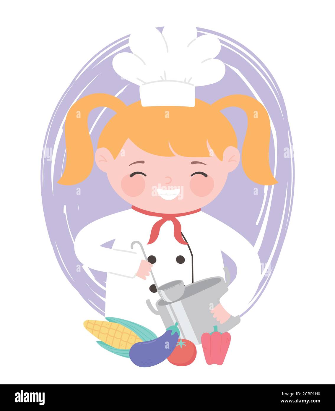 chef blonde girl with pot and fresh food cartoon character vector ...