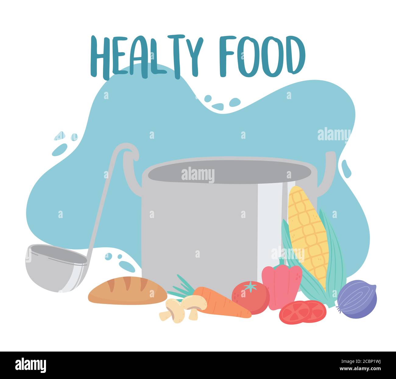 food healthy fresh bread tomatoes pot ladle corn onion pepper cartoon ...