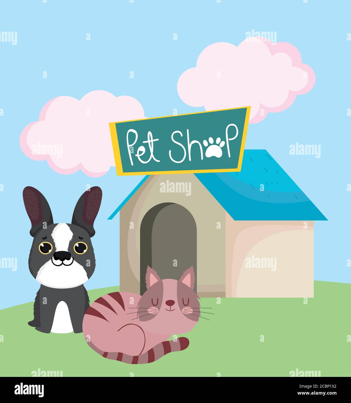 pet shop, dog and sleeping cat with house animal domestic cartoon ...