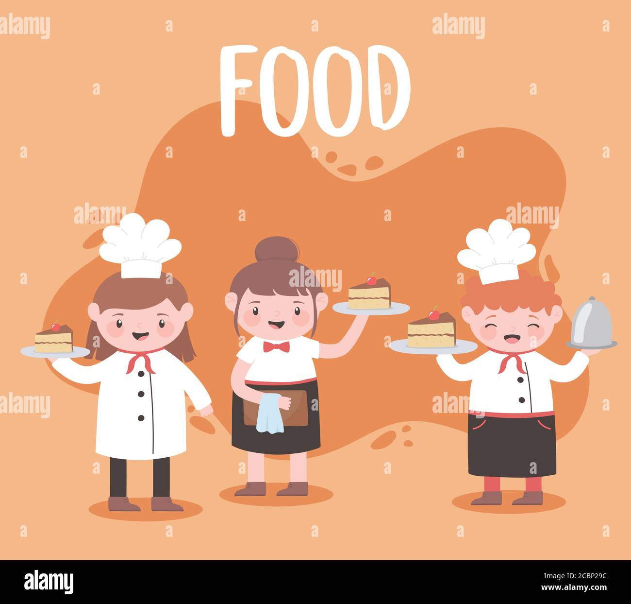 cartoon chefs cooking and holding tray food dessert cakes vector ...