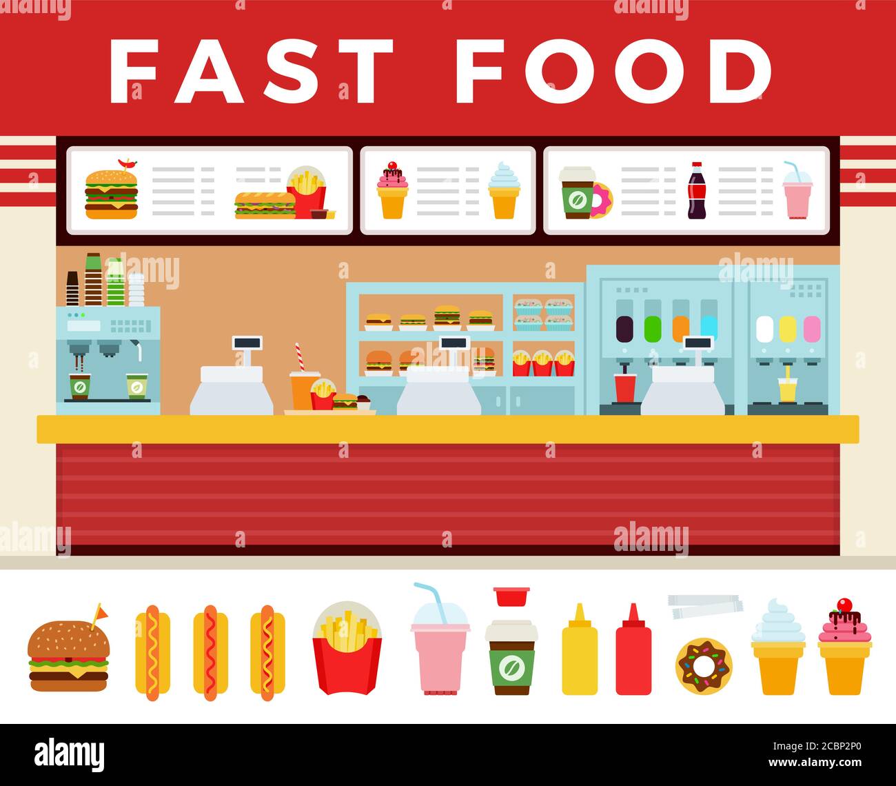 Fast food restaurant interior vector illustration. Fast food hamburger ...