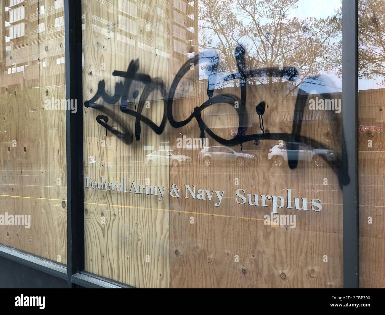 Seattle, USA - Apr 23, 2020: Late in the day a spray painted window at ...