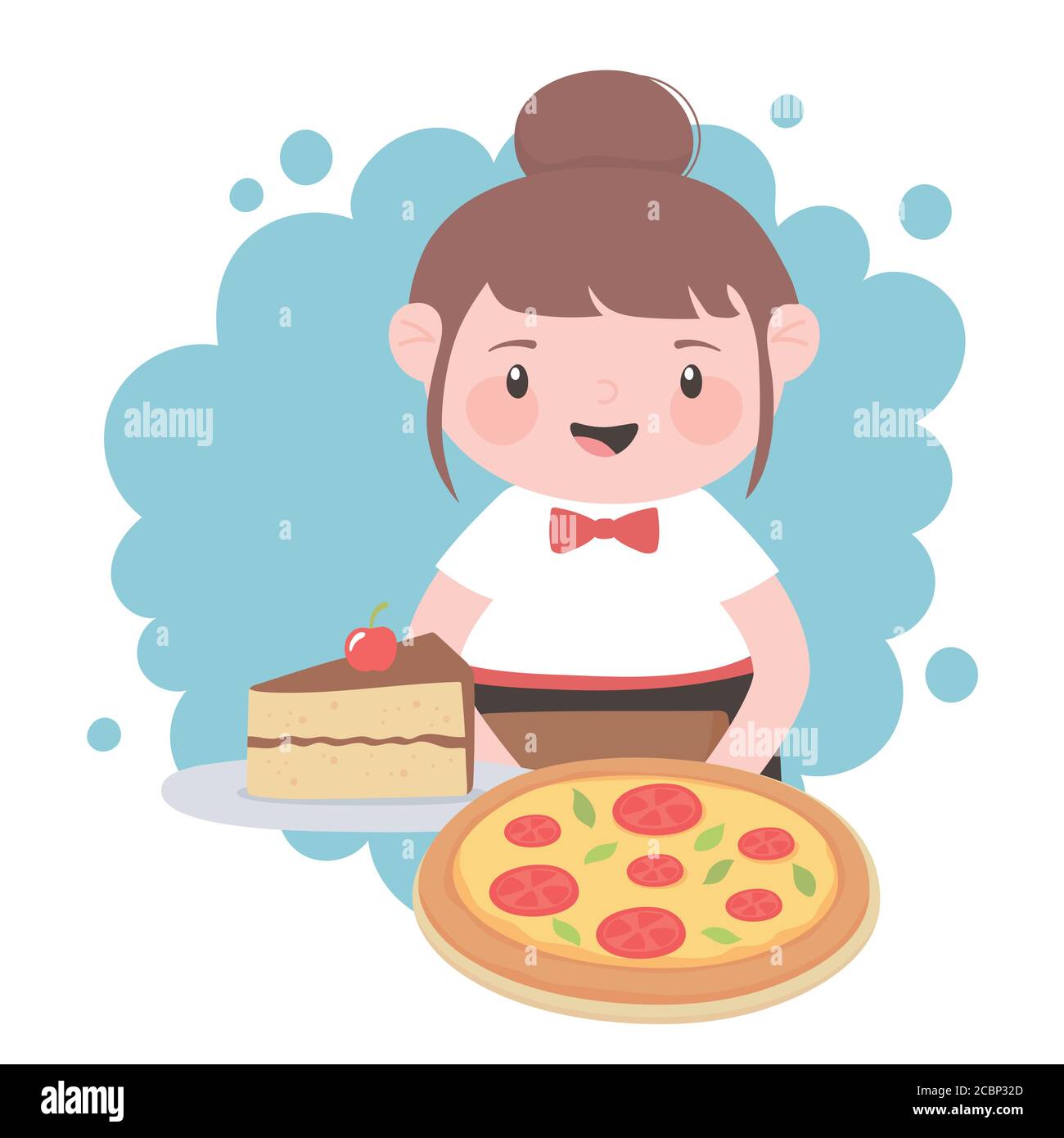 waitress with pizza and piece ckae in dish cartoon character vector ...