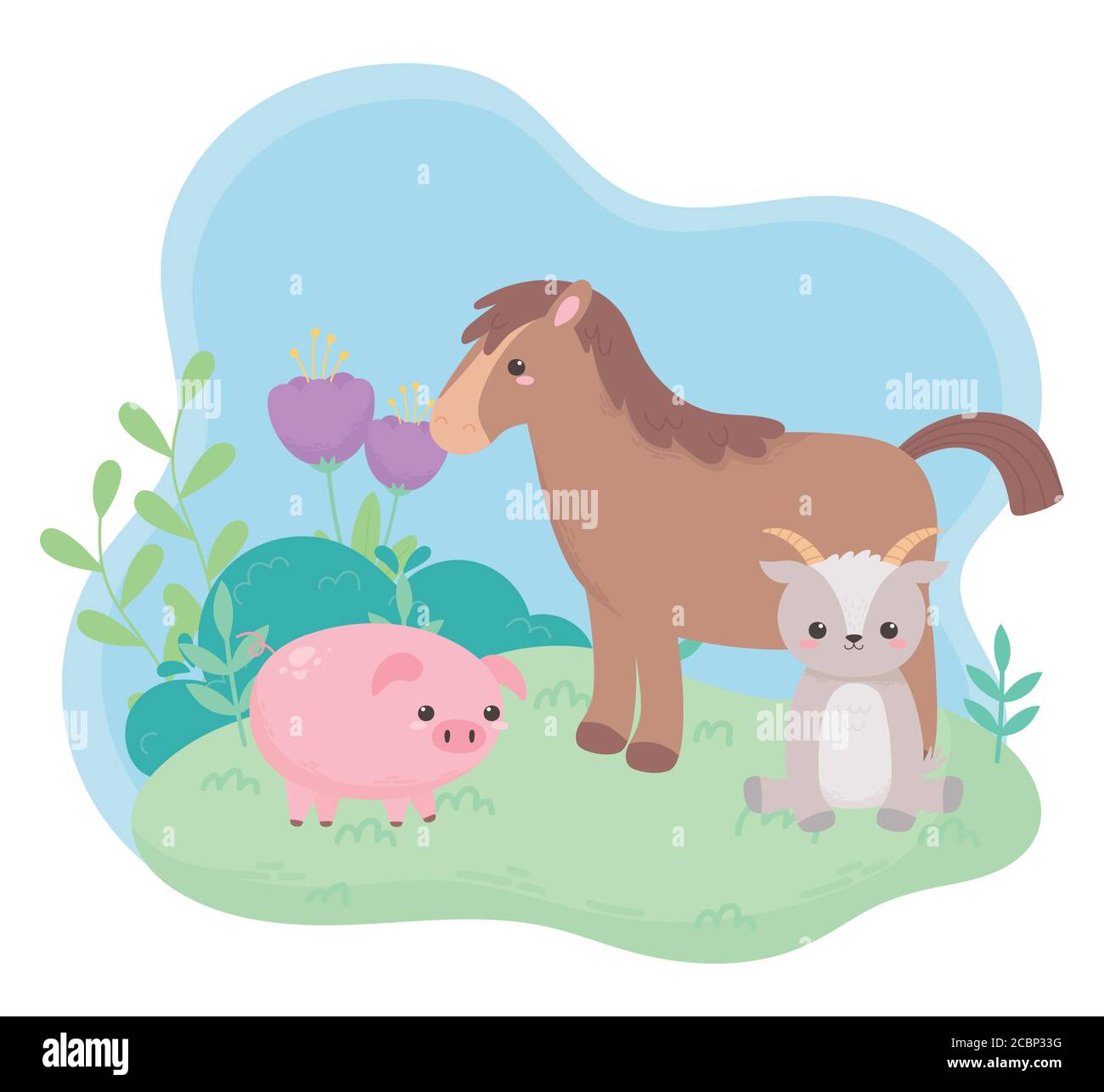 cute horse goat piggy flowers bush grass cartoon animals in a natural ...