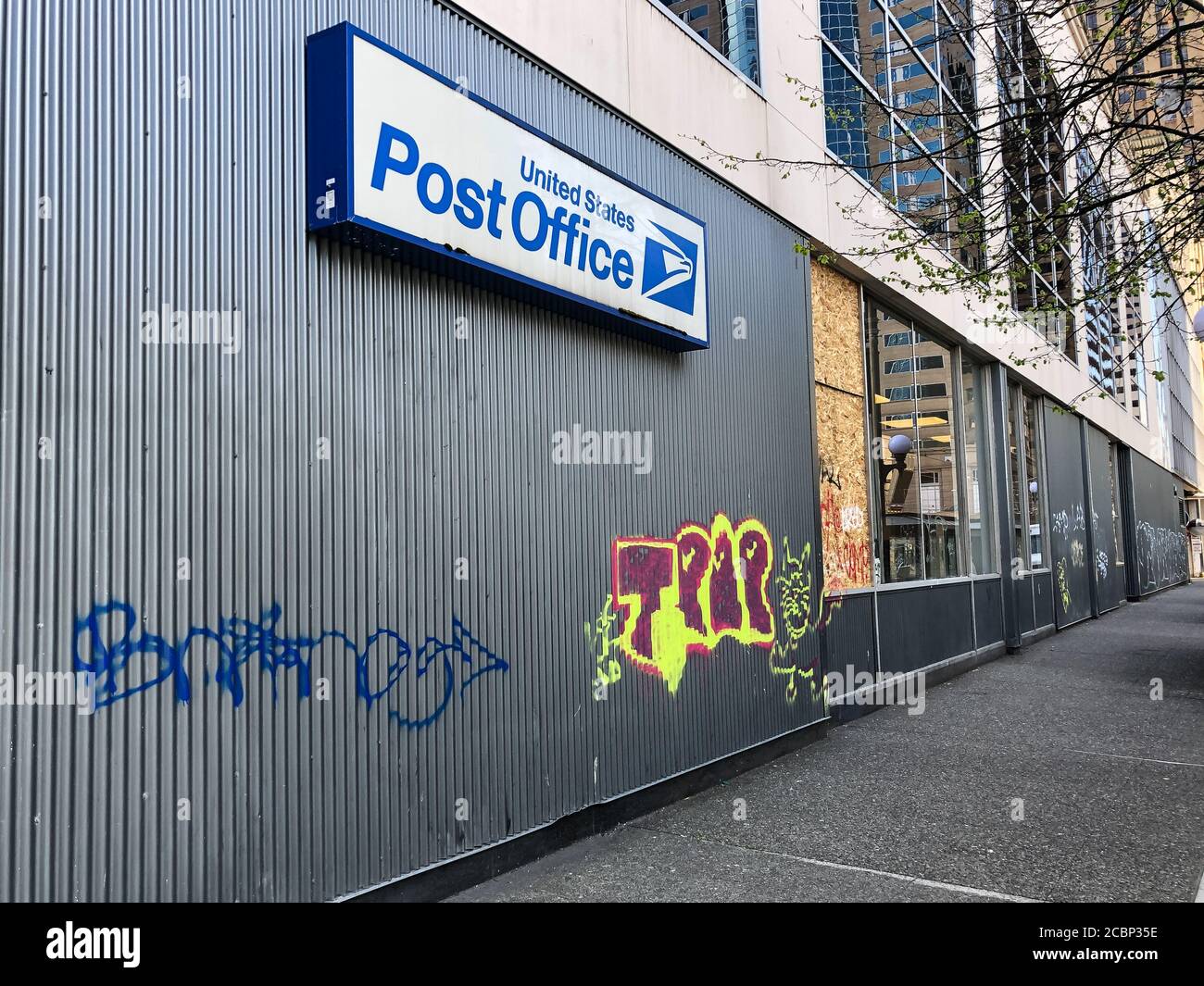 Seattle, USA – Apr 13, 2020: Late in the day the heavily graffitied ...