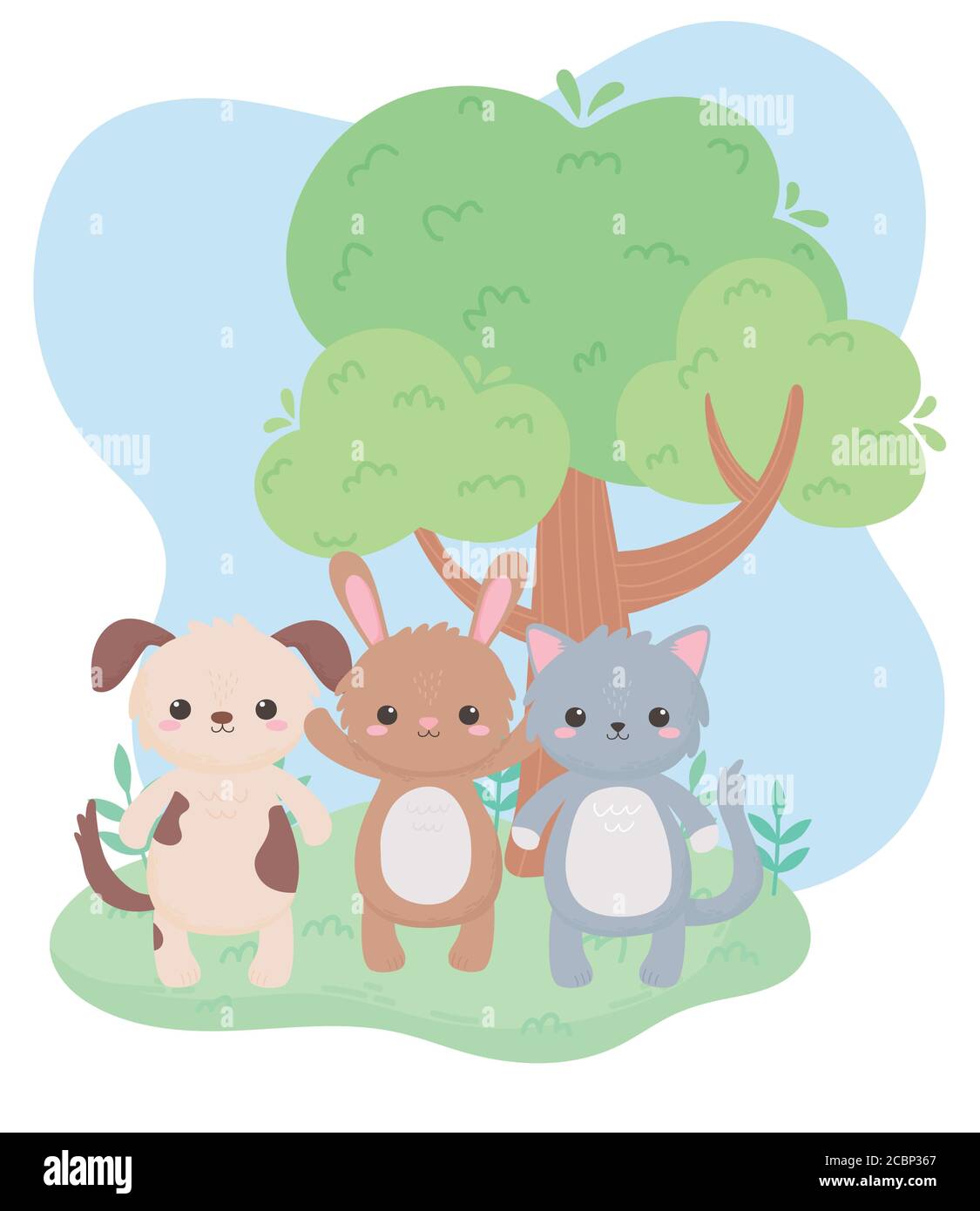 cute little cat dog and rabbit tree cartoon animals in a natural ...