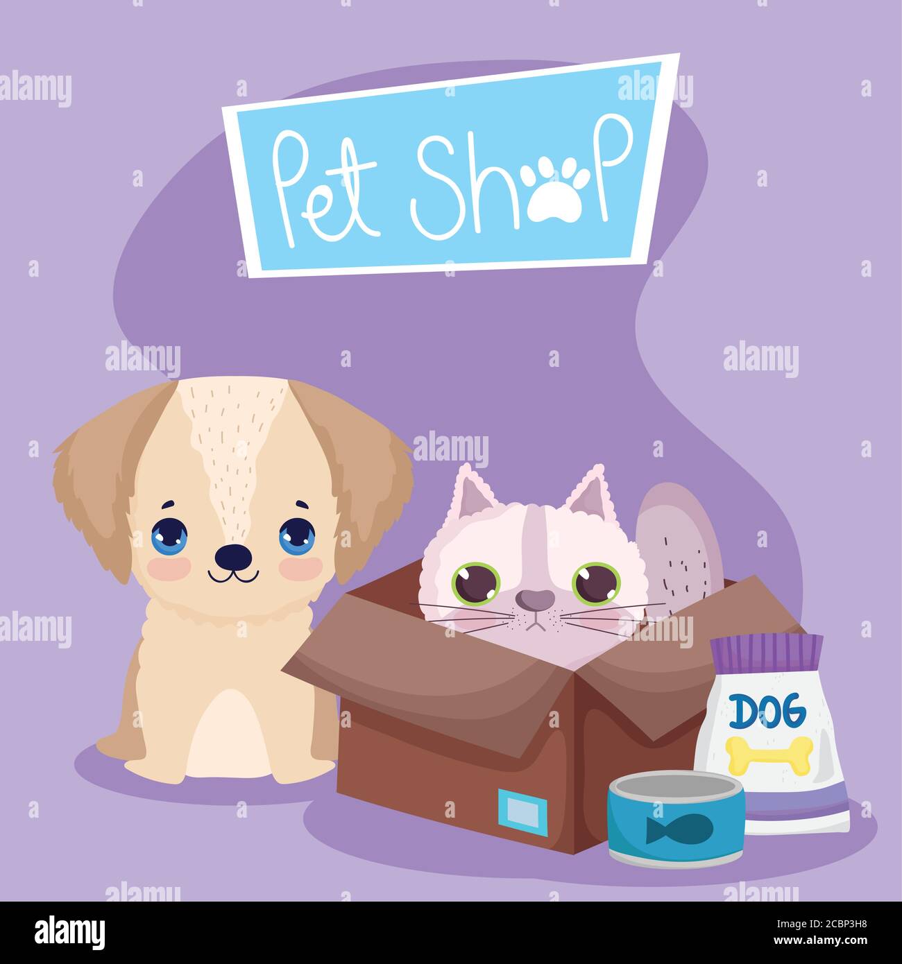 pet shop, little dog and cat in box with food animal domestic cartoon ...