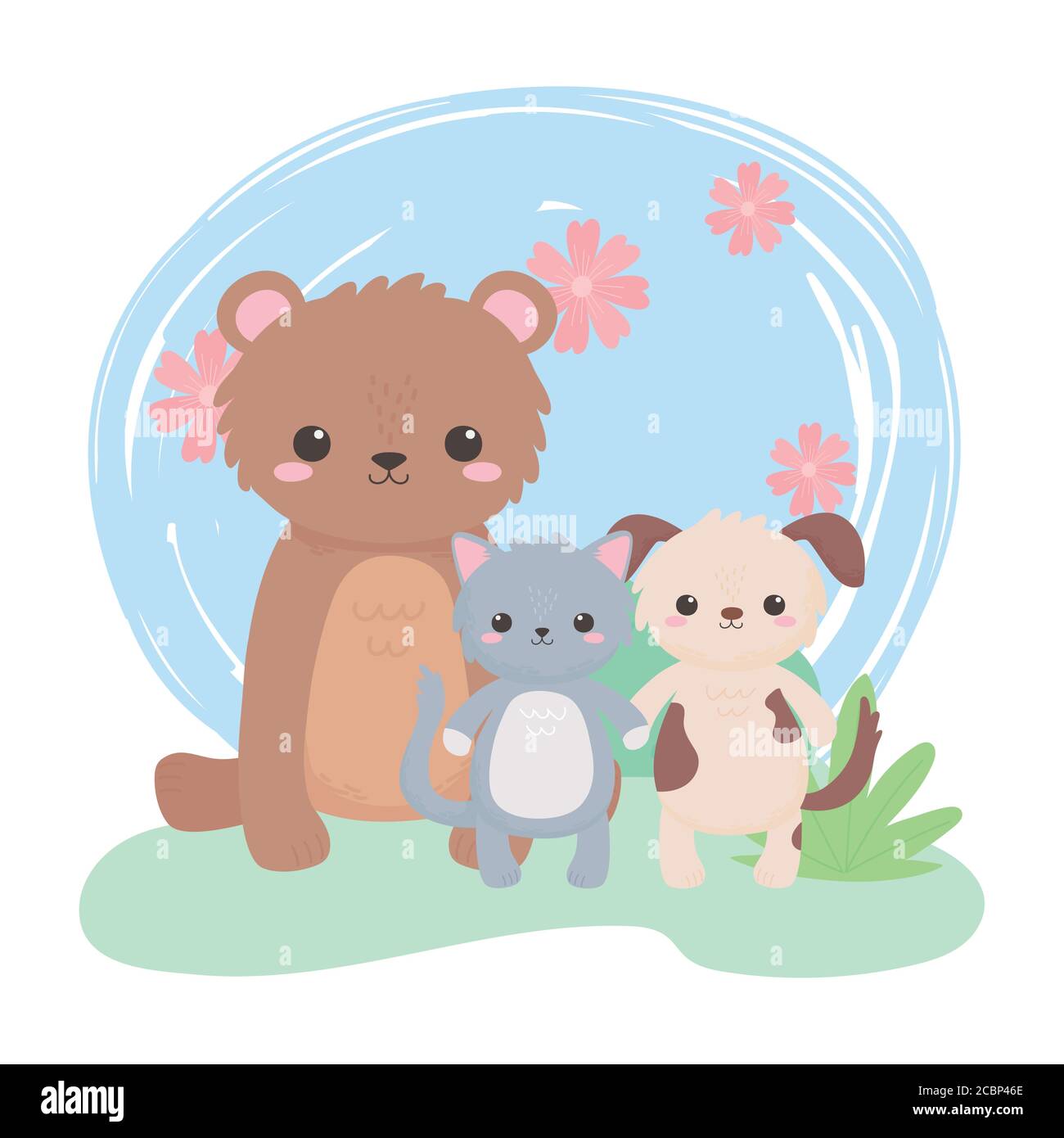 cute little bear cat dog flowers bush grass cartoon animals in a ...