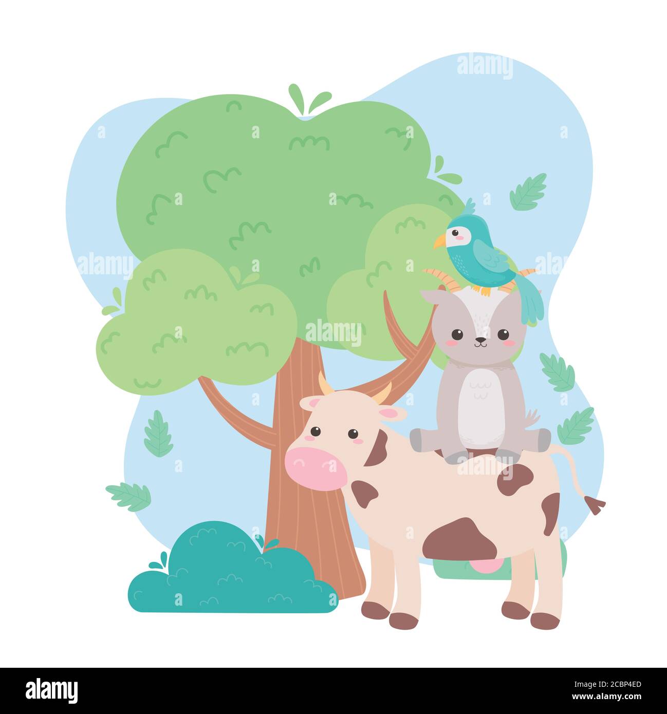 cute cow with goat and parrot tree leaves cartoon animals in a natural ...