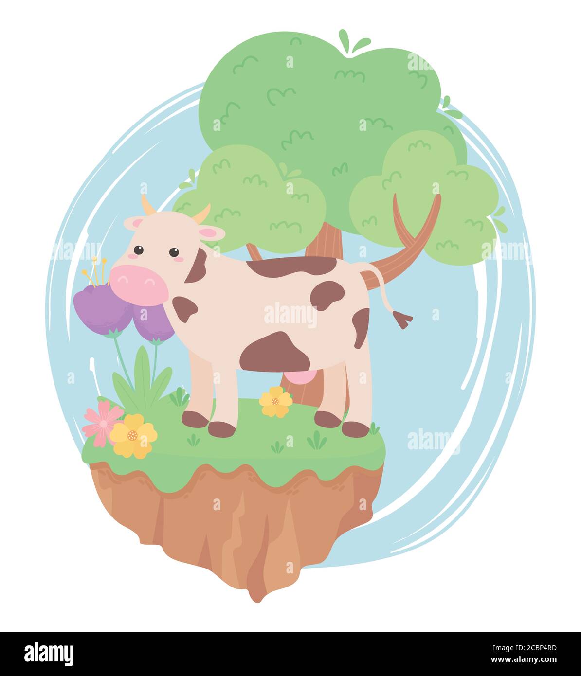 cute cow flowers tree grass cartoon animals in a natural landscape ...