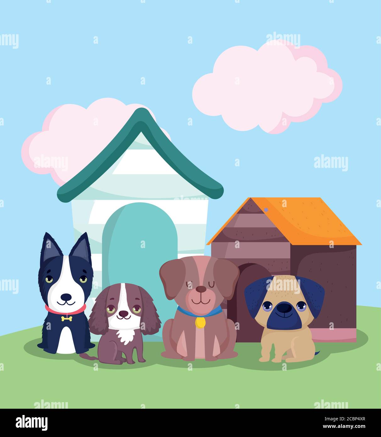 pet shop, cute little dogs sitting different breed and houses animal ...