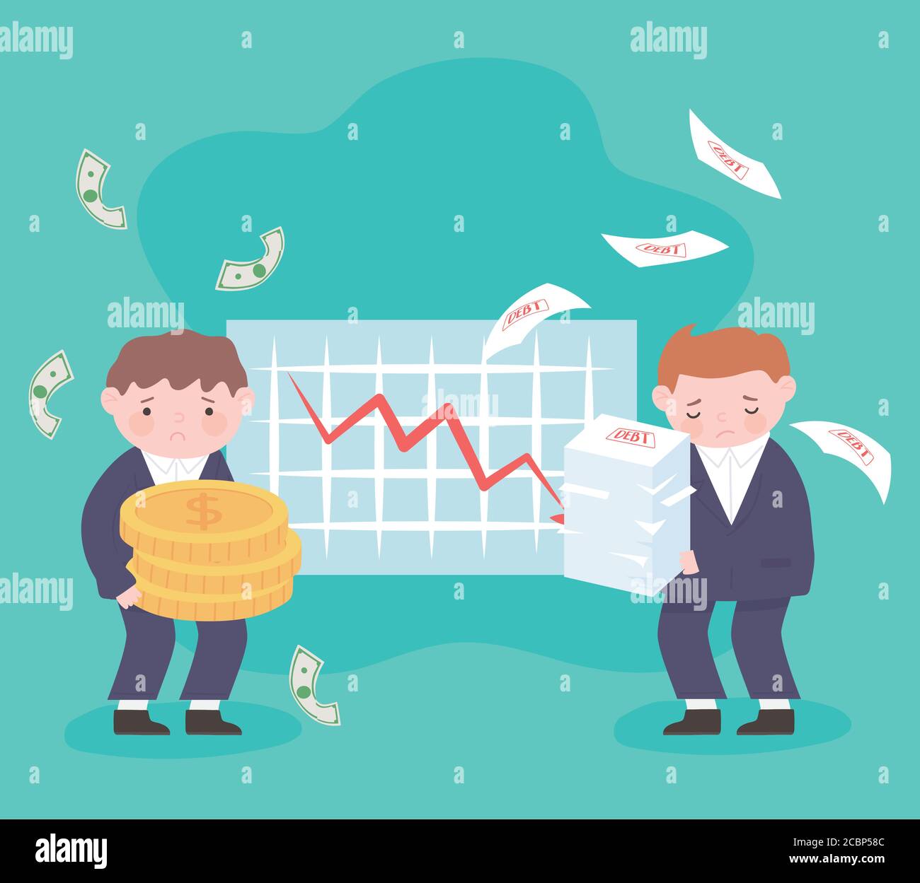 bankruptcy businessmen holds coins and sheets chart down arrow business ...